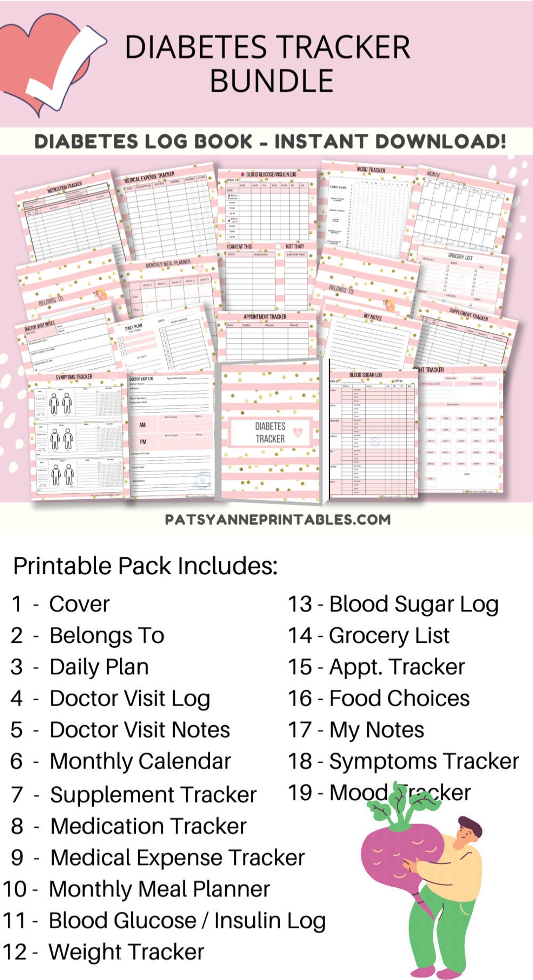 Pink Stripe Diabetes Tracker Bundle | Diabetic Planner Printable ...