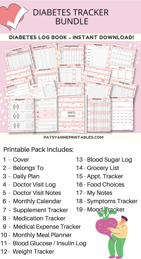 Pink Stripe Diabetes Tracker Bundle Diabetic Planner | Etsy