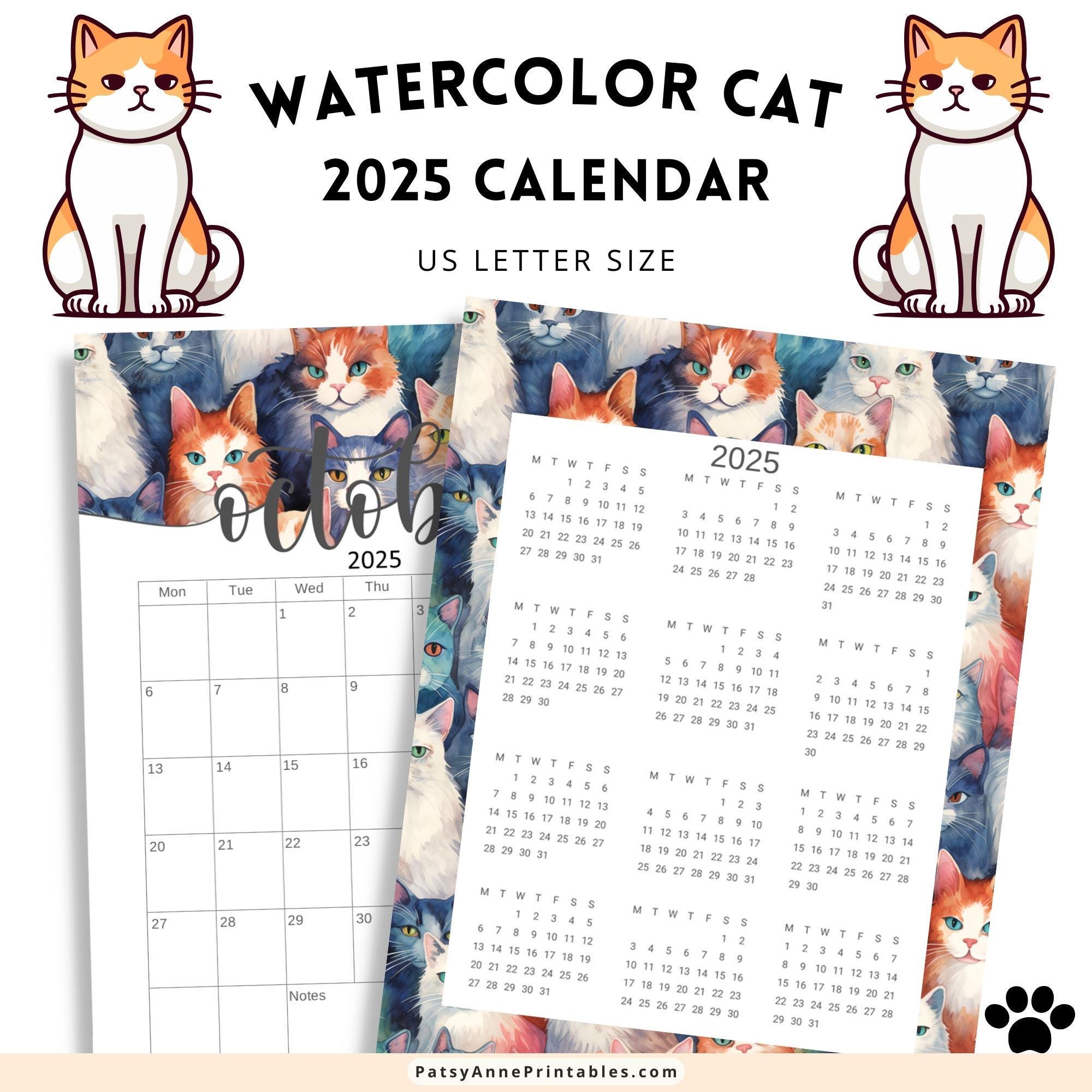 2025 Calendar Watercolor Cat, Cat Theme Calendar Printable, Instant ...