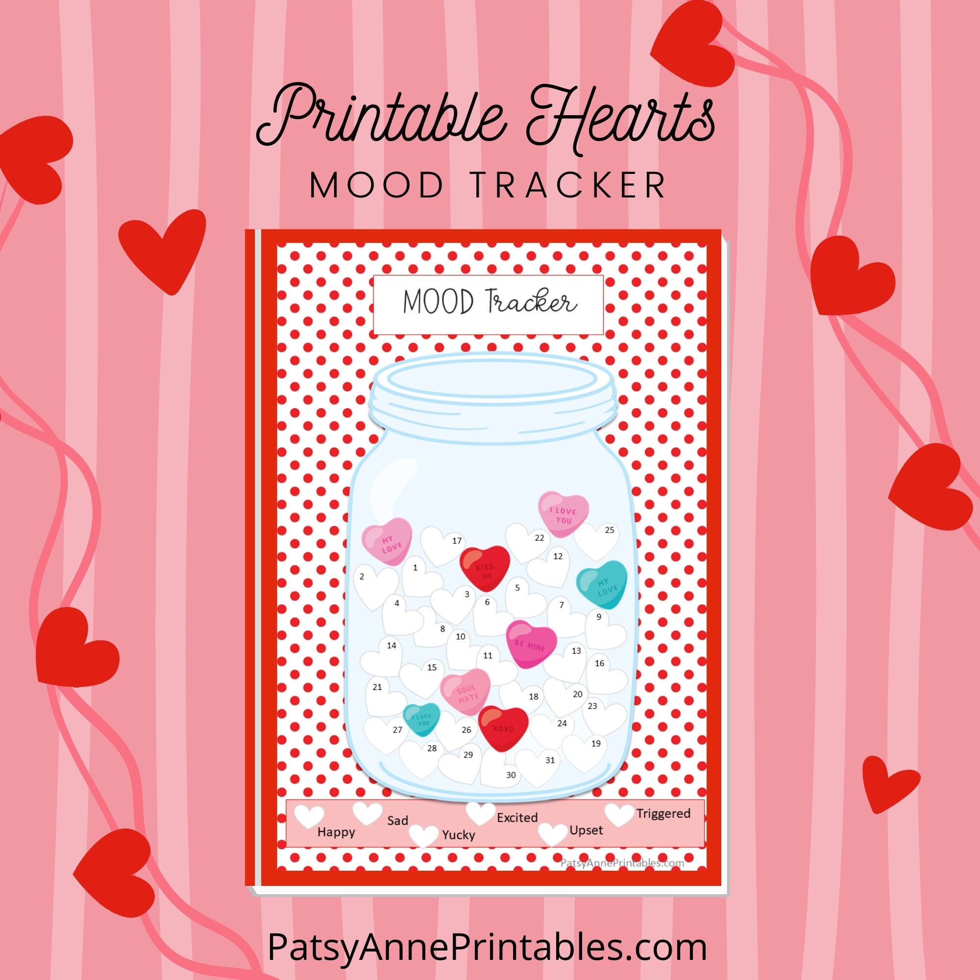 Valentine Day Mood Tracker | Printable Hearts Mood Tracker | Heart ...