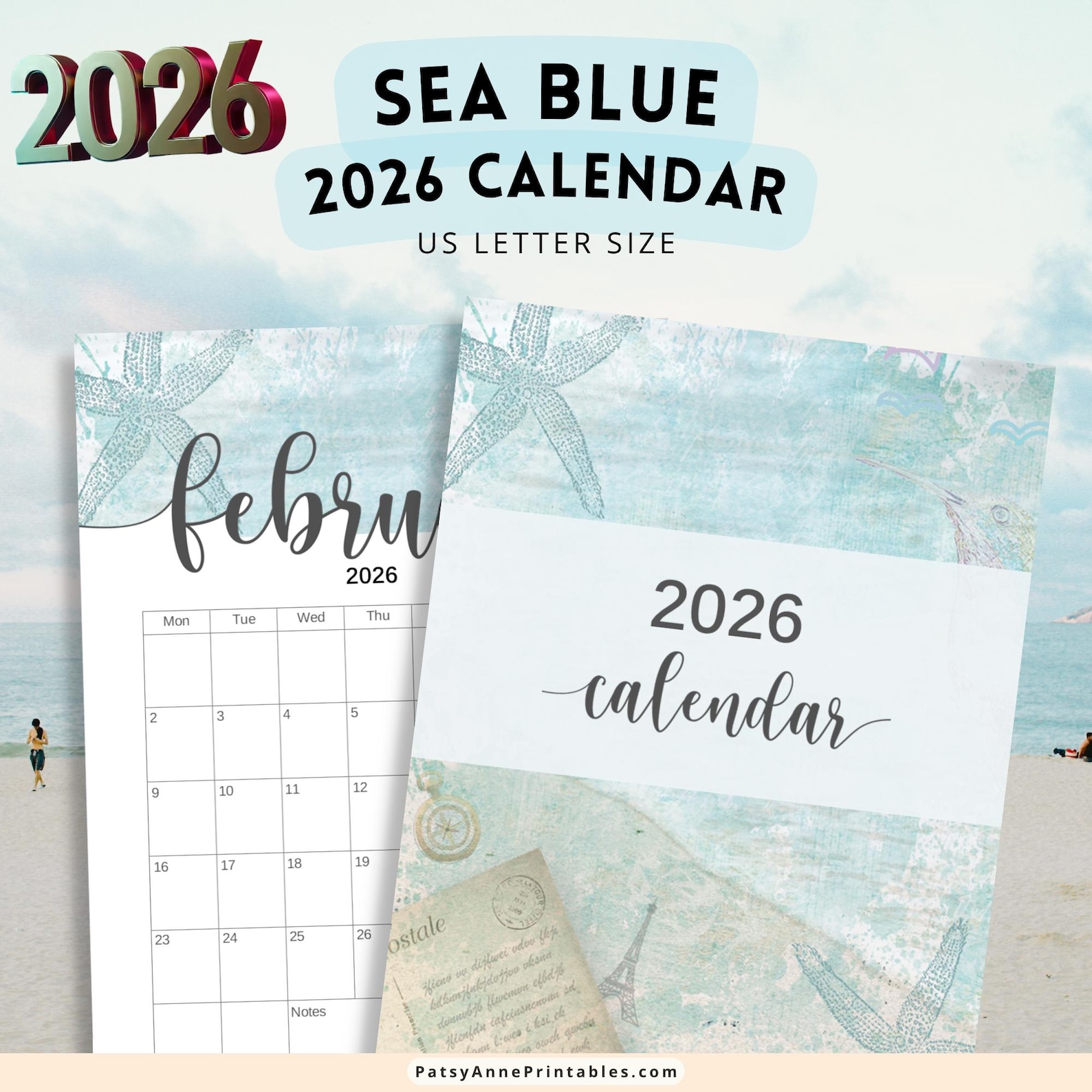 2026 Sea Blue Calendar, Ocean Theme Calendar Printable, Instant ...