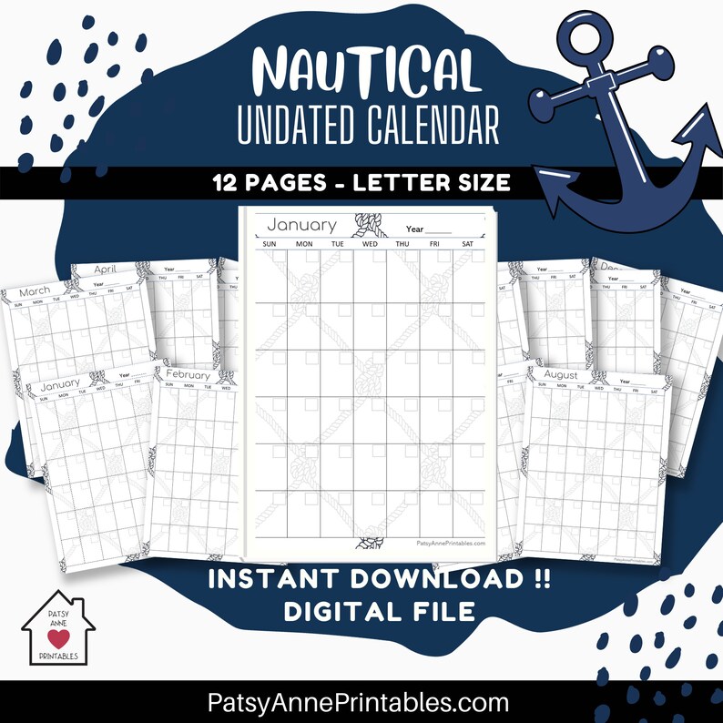 Nautical Undated Calendar Printable | Printable Nautical Undated ...