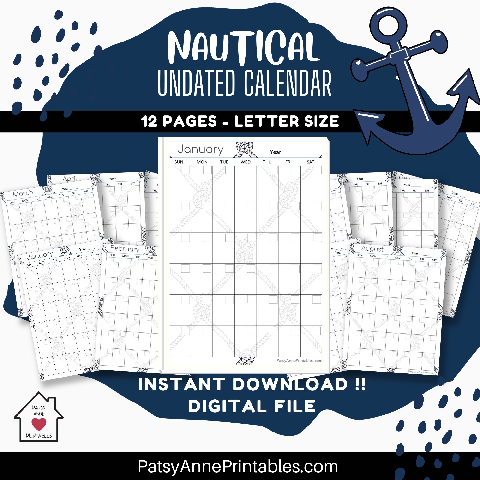 Nautical Undated Calendar Printable | Printable Nautical Undated ...