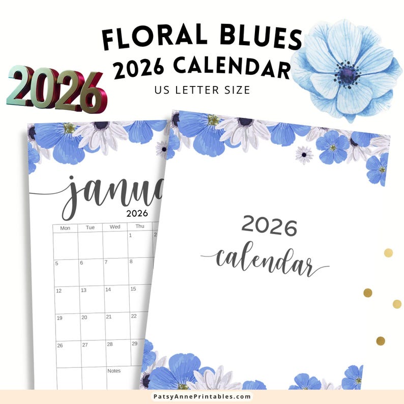 2026 Floral Blues Calendar, Blue Flowers Calendar Printable, Instant ...