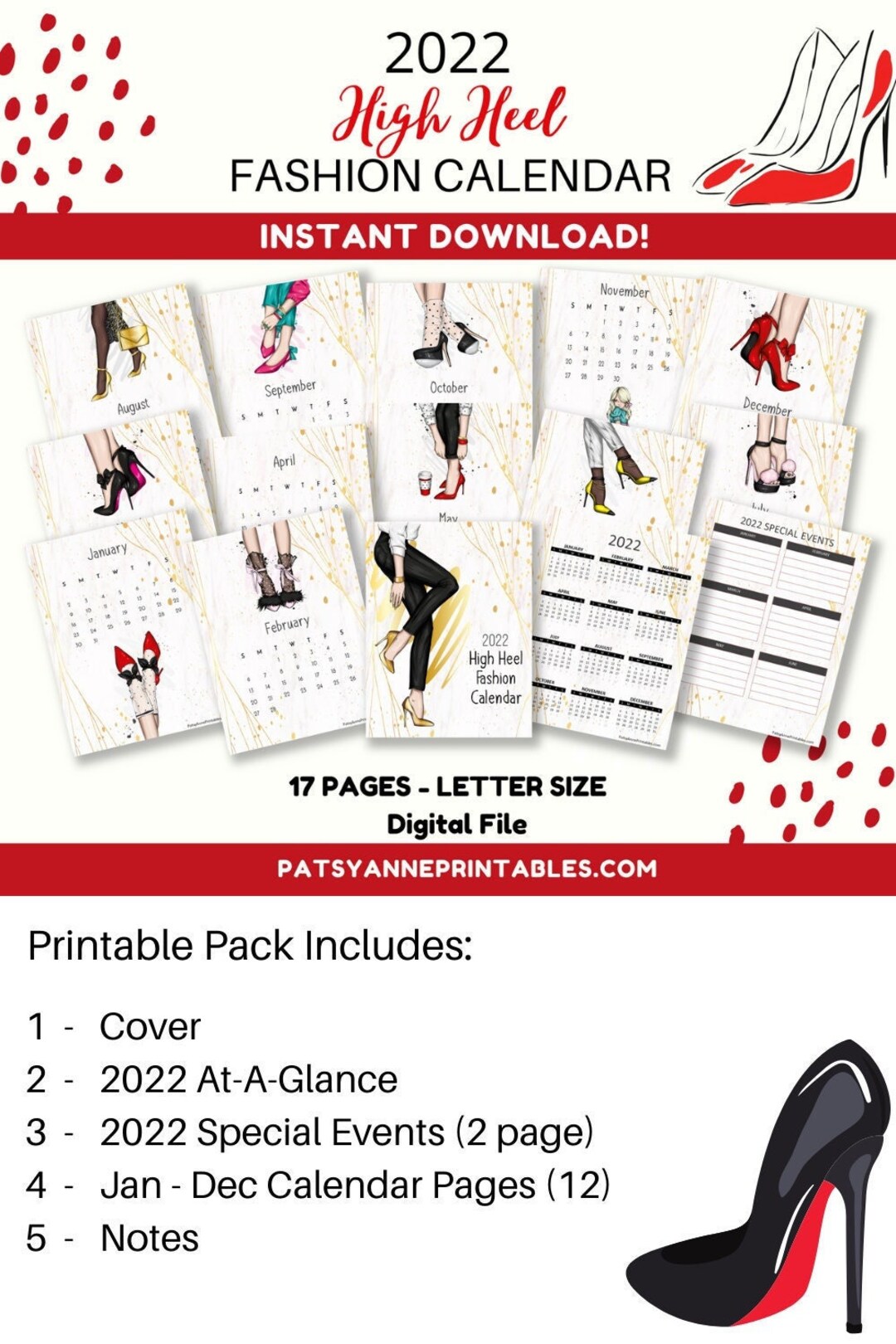 2022 High Heel Fashion Calendar Printable Fashion Shoe Calendar Instant ...