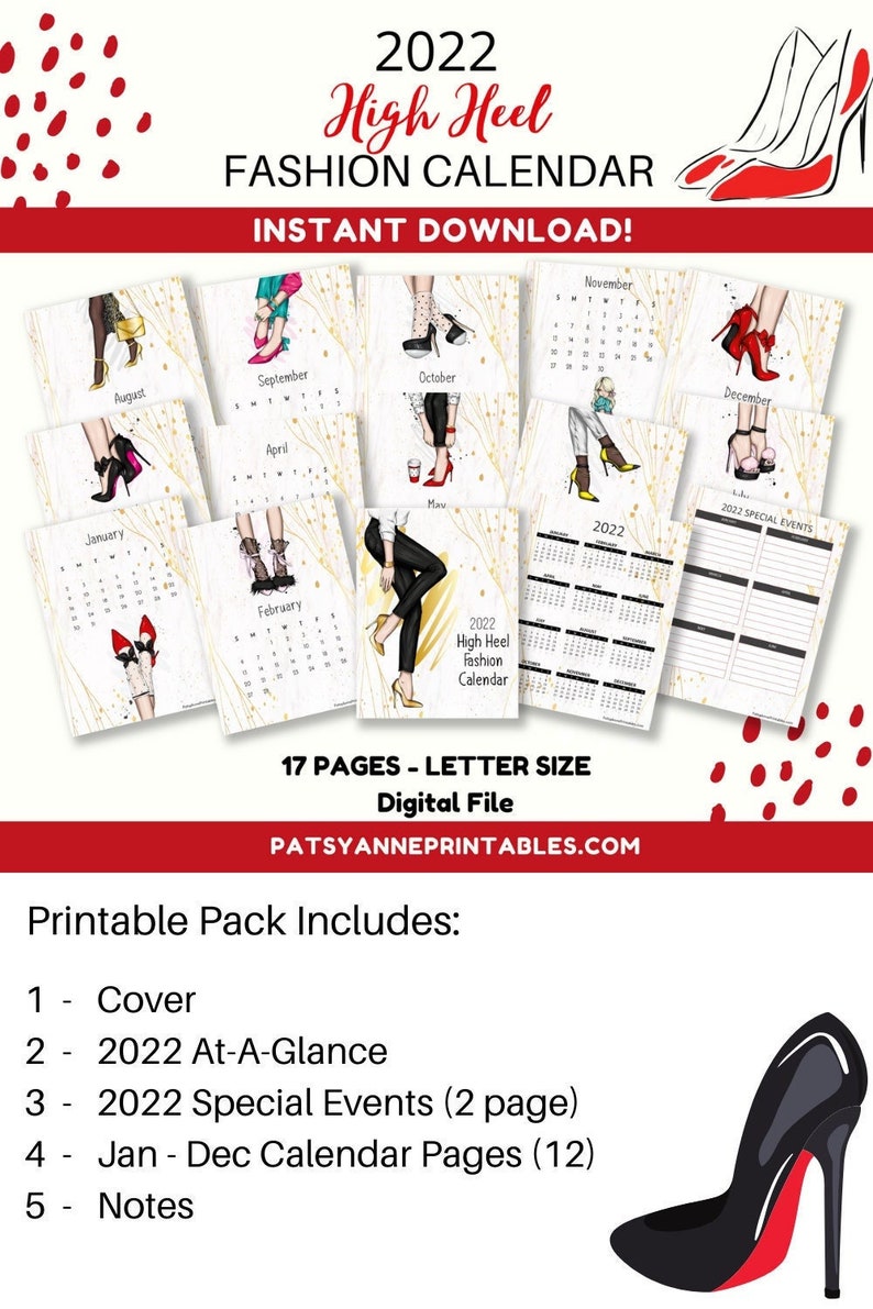 2022 High Heel Fashion Calendar Printable Fashion Shoe Calendar Instant ...