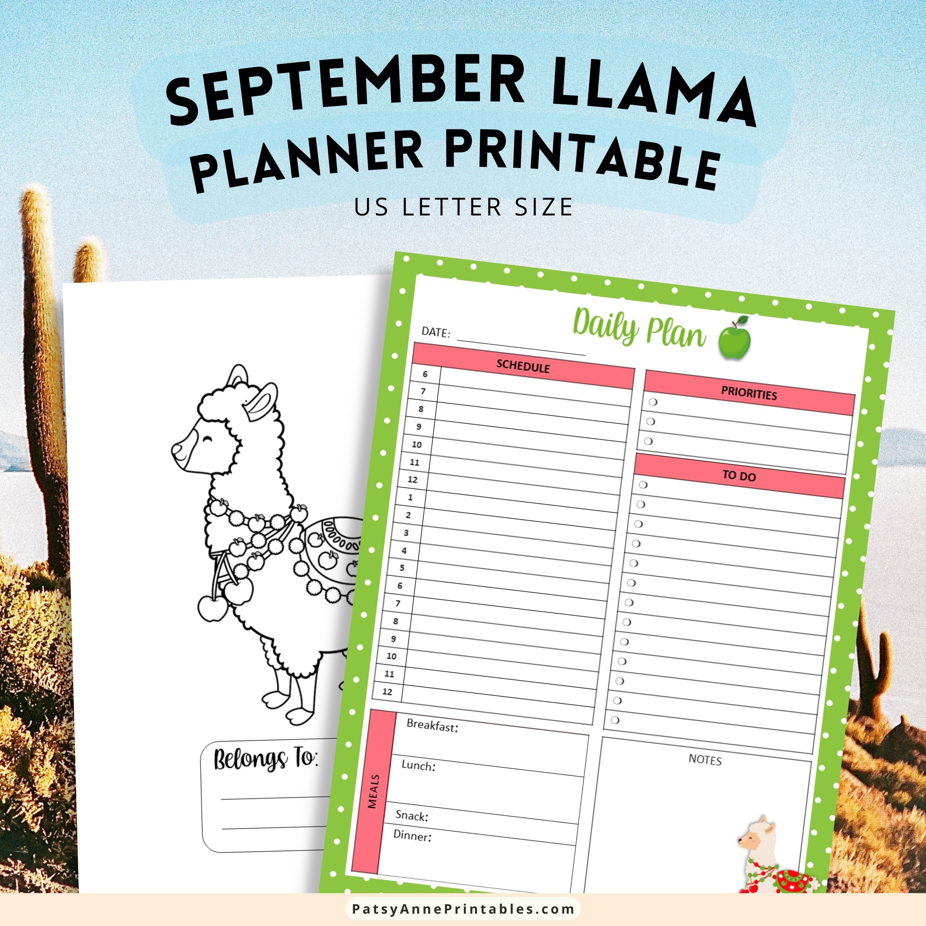 September Llama Planner Printable, Calendar, Goals, Daily Plan ...