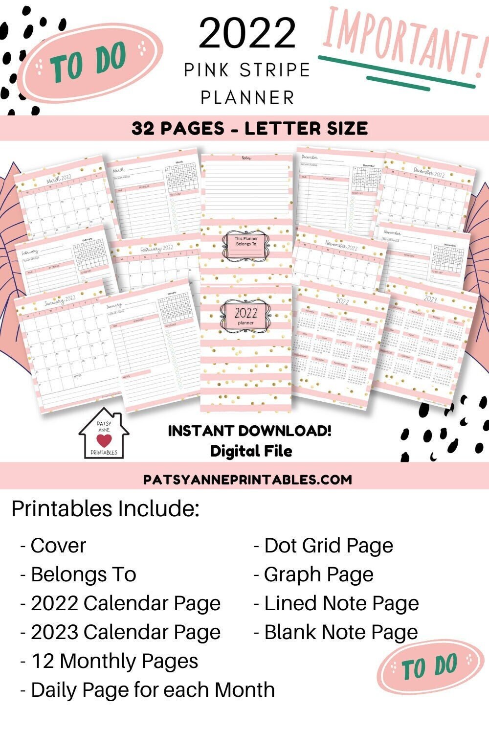 Printable 2022 Pink Stripe Planner 2022 Pink Calendar - Etsy