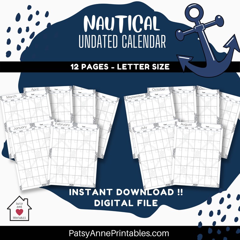 Nautical Undated Calendar Printable | Printable Nautical Undated ...