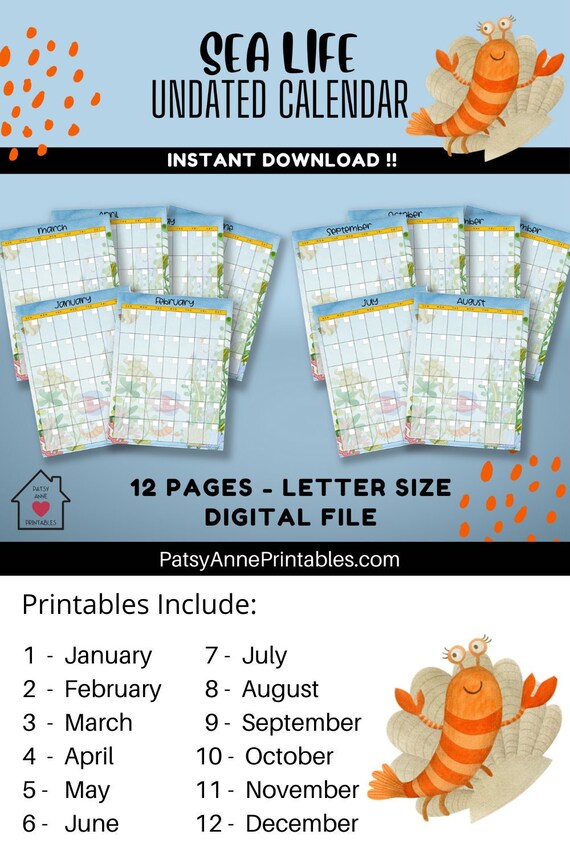 Sea Life Undated Calendar Printable Printable Sea Life - Etsy