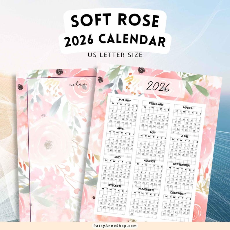 2026 Soft Rose Calendar, Rose Calendar Printable, Instant Download! - Etsy
