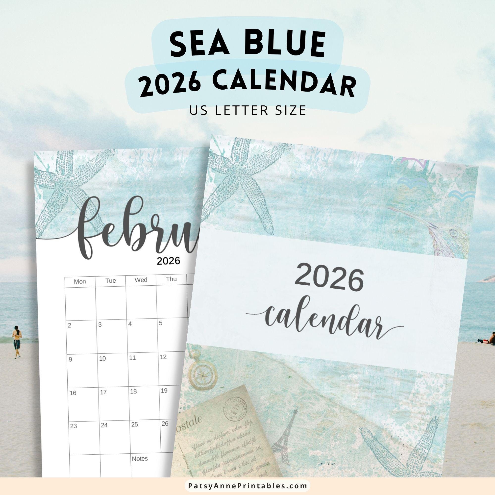 2026 Sea Blue Calendar, Ocean Theme Calendar Printable, Instant ...