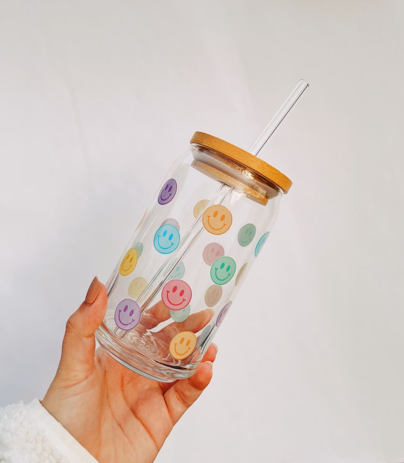 Happy Face Rainbow Glass; Smiley Beer Can Cup; Iced Coffee; Cute ...