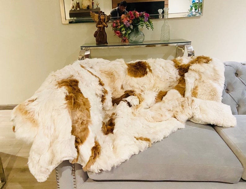 Alpaca fur throw white and brown color handmade in Peru | Etsy