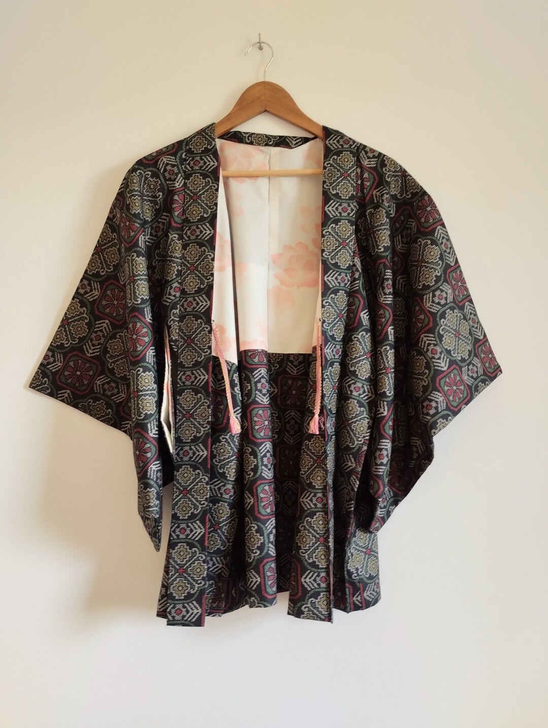 Geometric Flower Pattern Tsumugi Pongee Silk Haori Vintage Japanese ...
