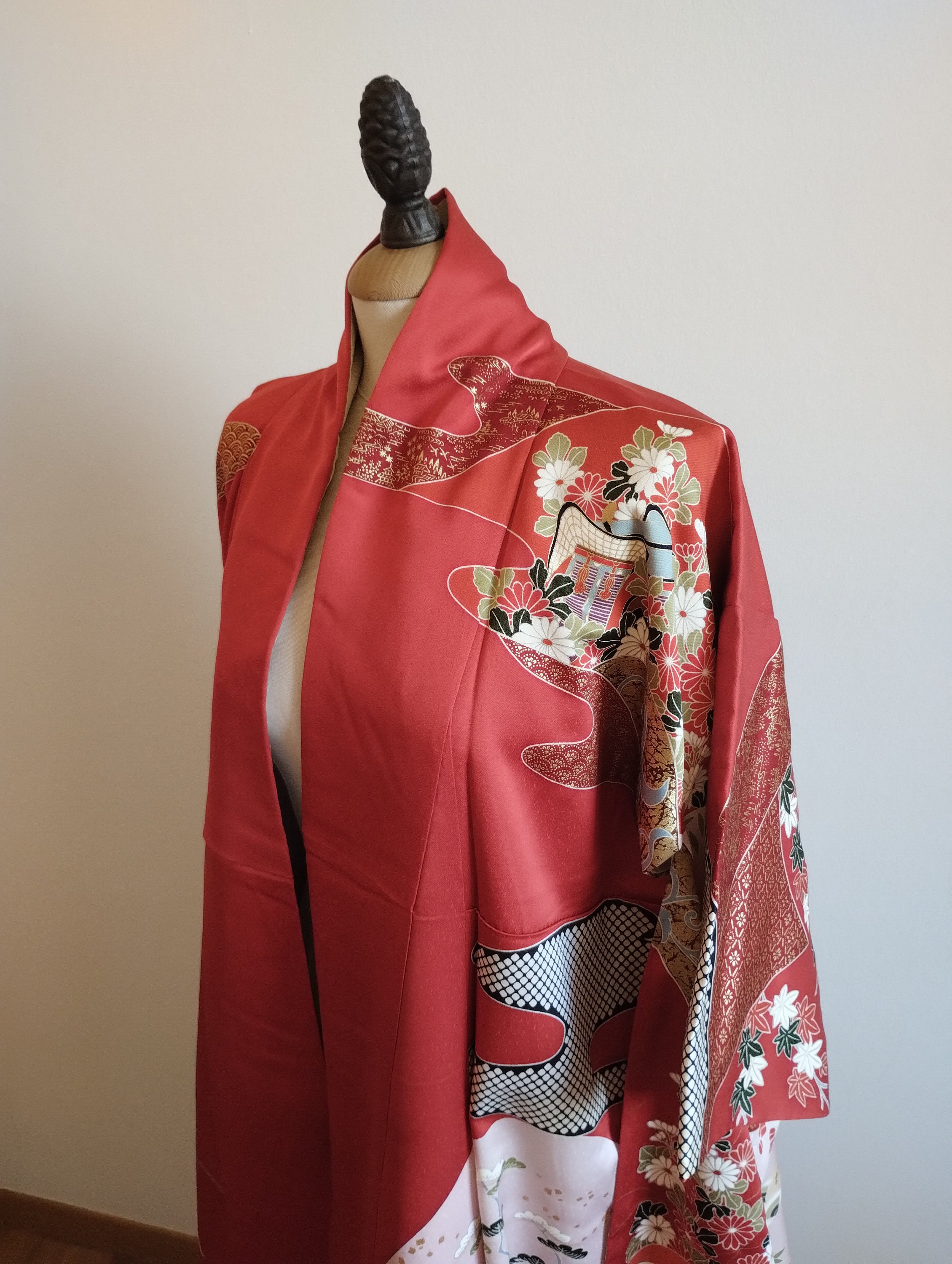 Red Color Long Sleeve Silk Kimono, Vintage Japanese Silk Kimono - Etsy