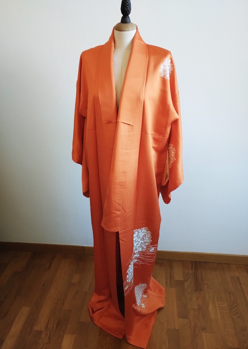 Vintage Kimono, Orange Color Flower Embroidered Japanese Silk Kimono - Etsy