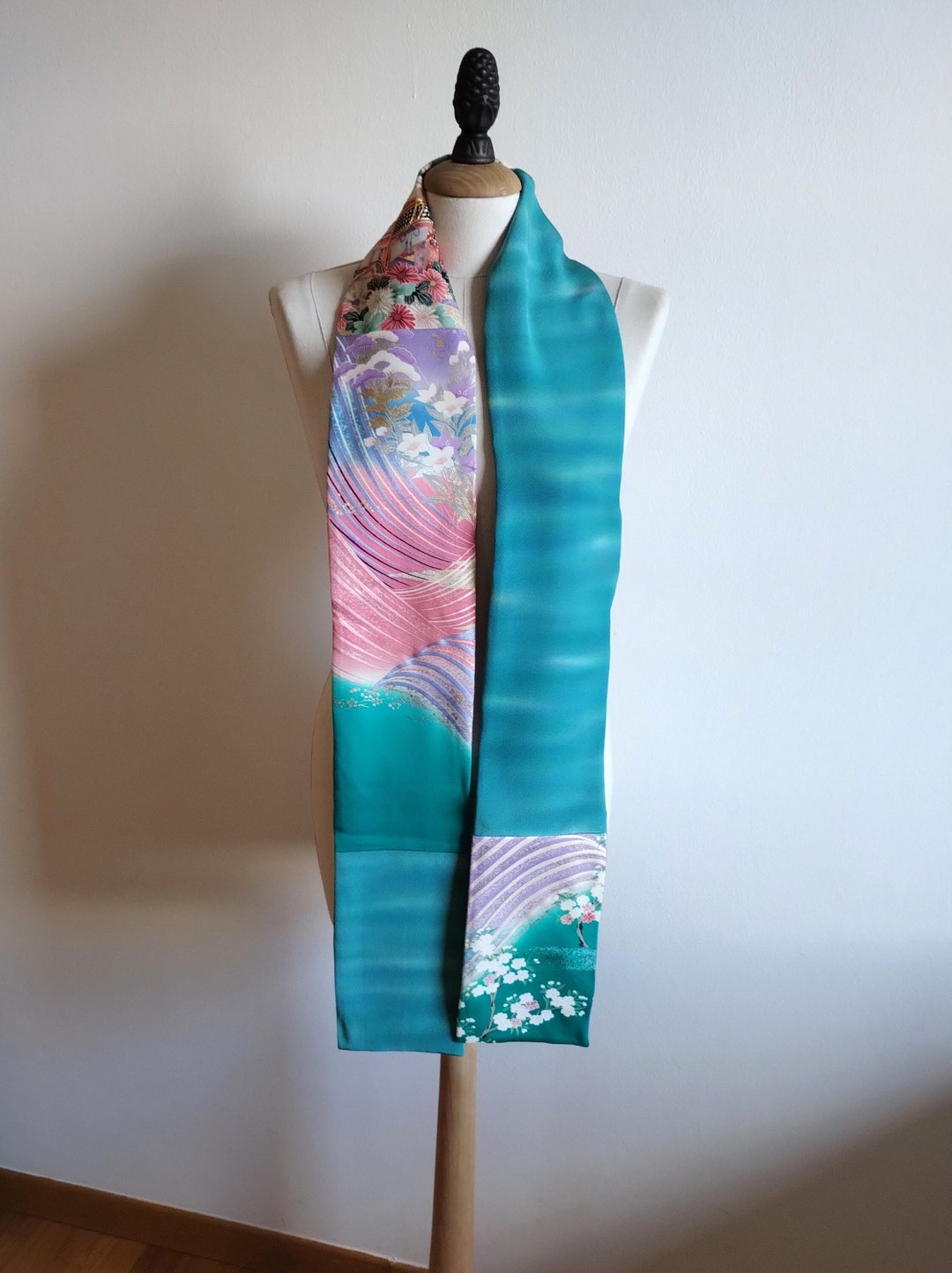 Green Blue, Pink and Purple Color Silk Scarf, Vintage Silk Fabric Scarf ...