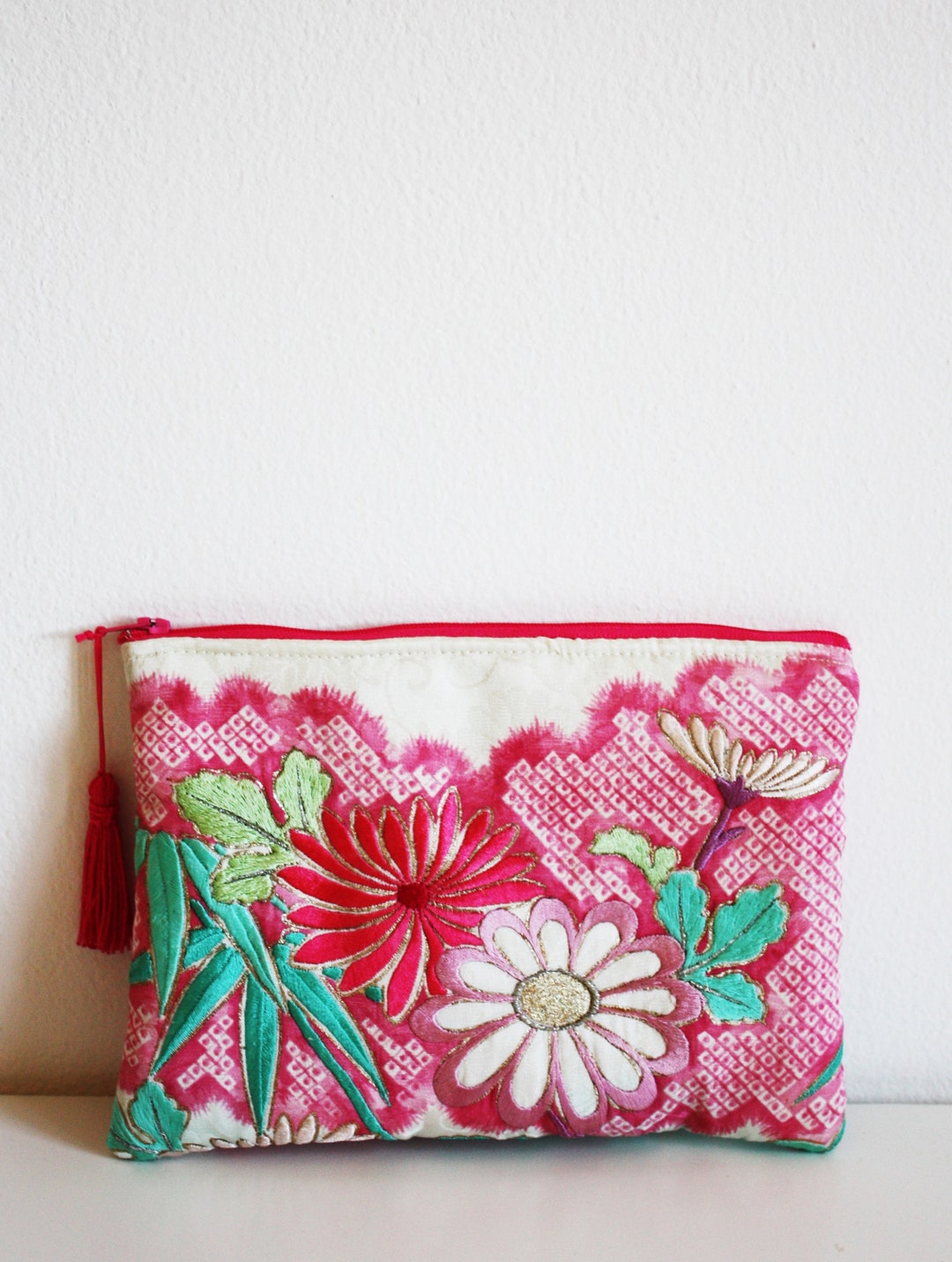 Clutch, Pouch, Japanese Silk Puch, Flower and Bamboo Embroidered Pouch ...