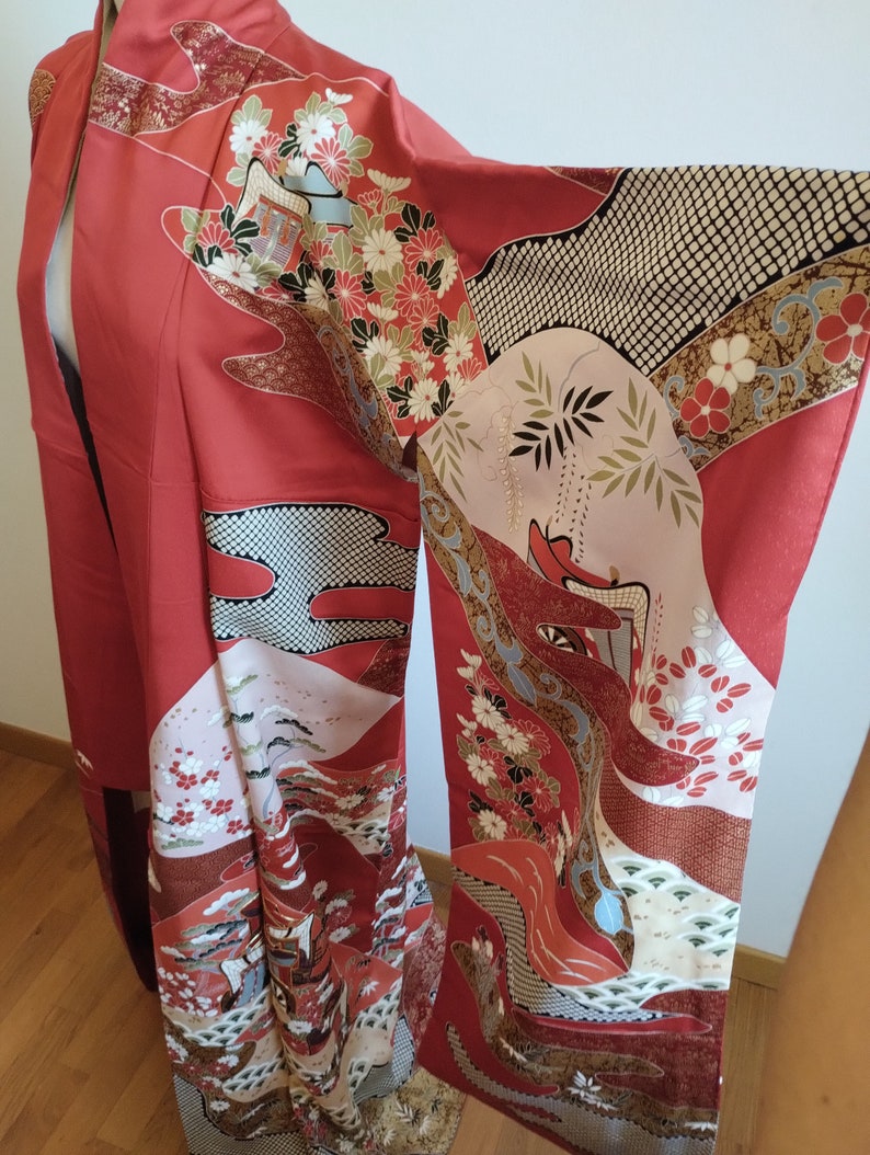 Red Color Long Sleeve Silk Kimono, Vintage Japanese Silk Kimono - Etsy