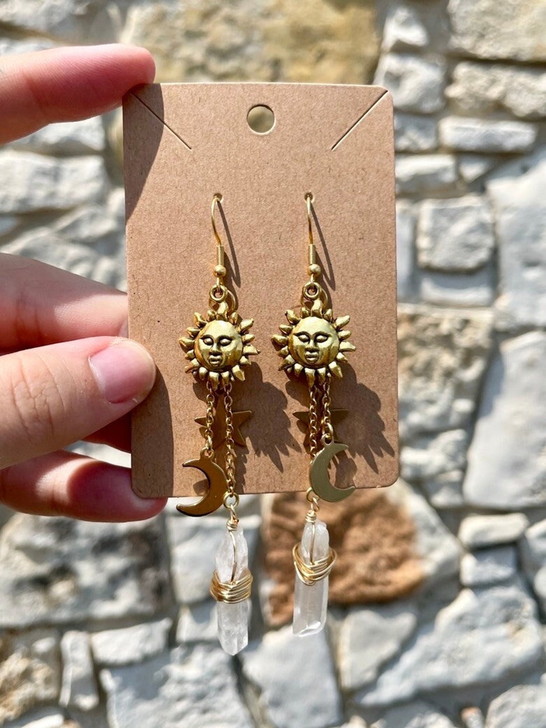 Solar Celestial Quartz Point Crystal Dangle Earrings Hippie - Etsy