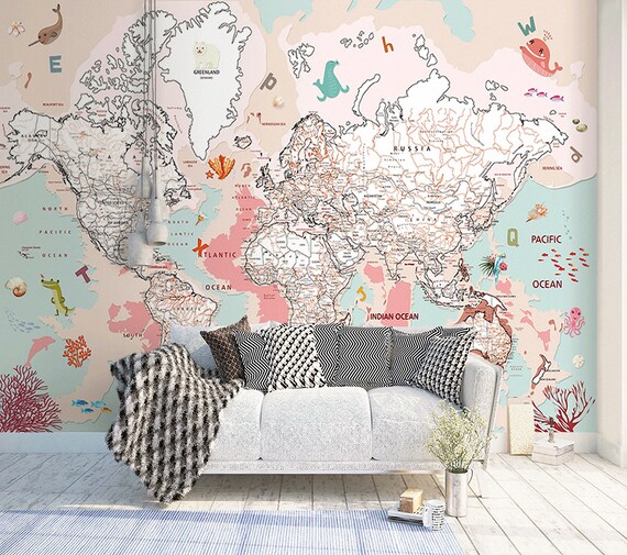 Kids Map Wallpaper World Map Animal Cartoon Children Baby Girl - Etsy