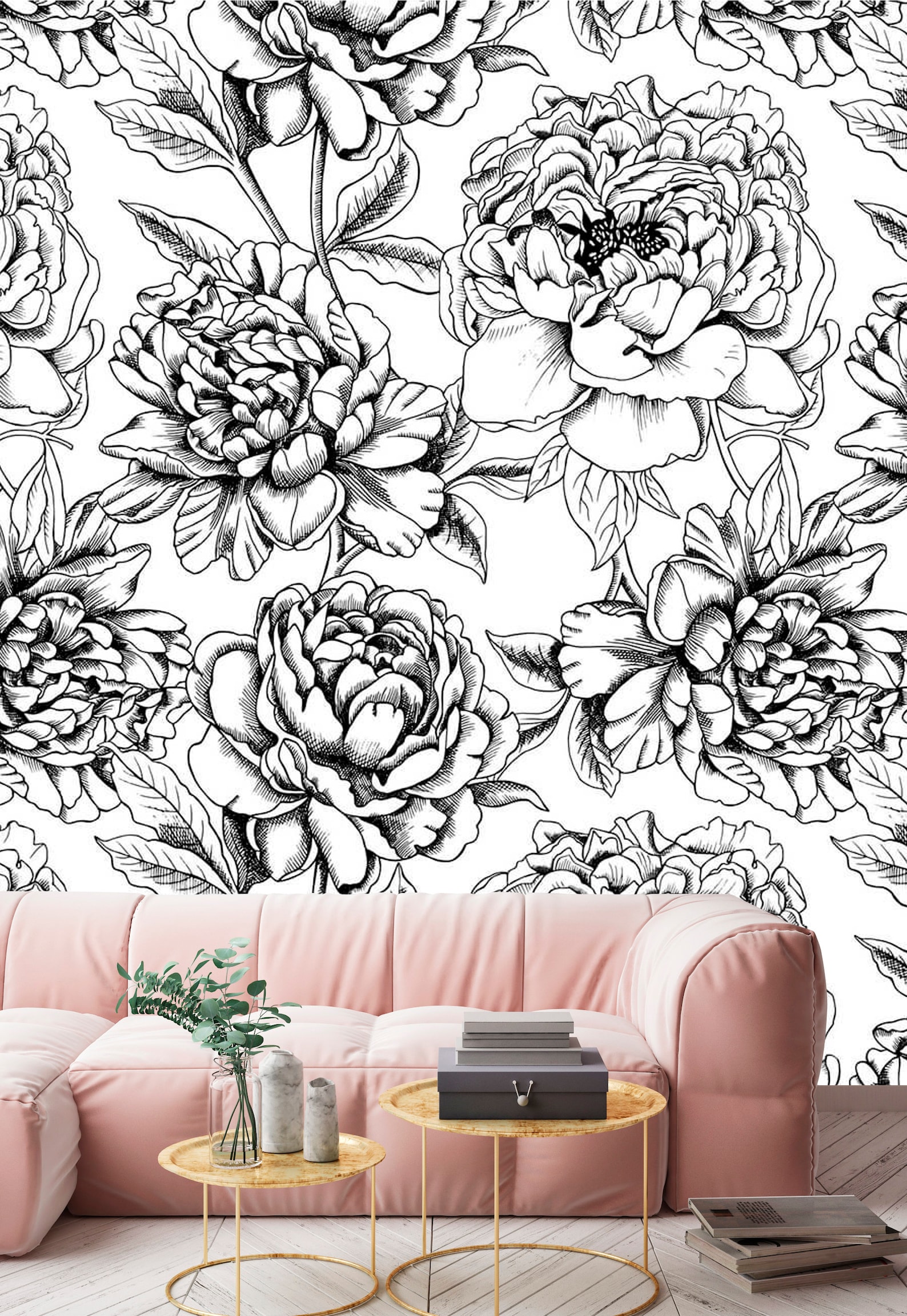 Black And White Flower Wallpaper Illustrated Beautiful | Etsy