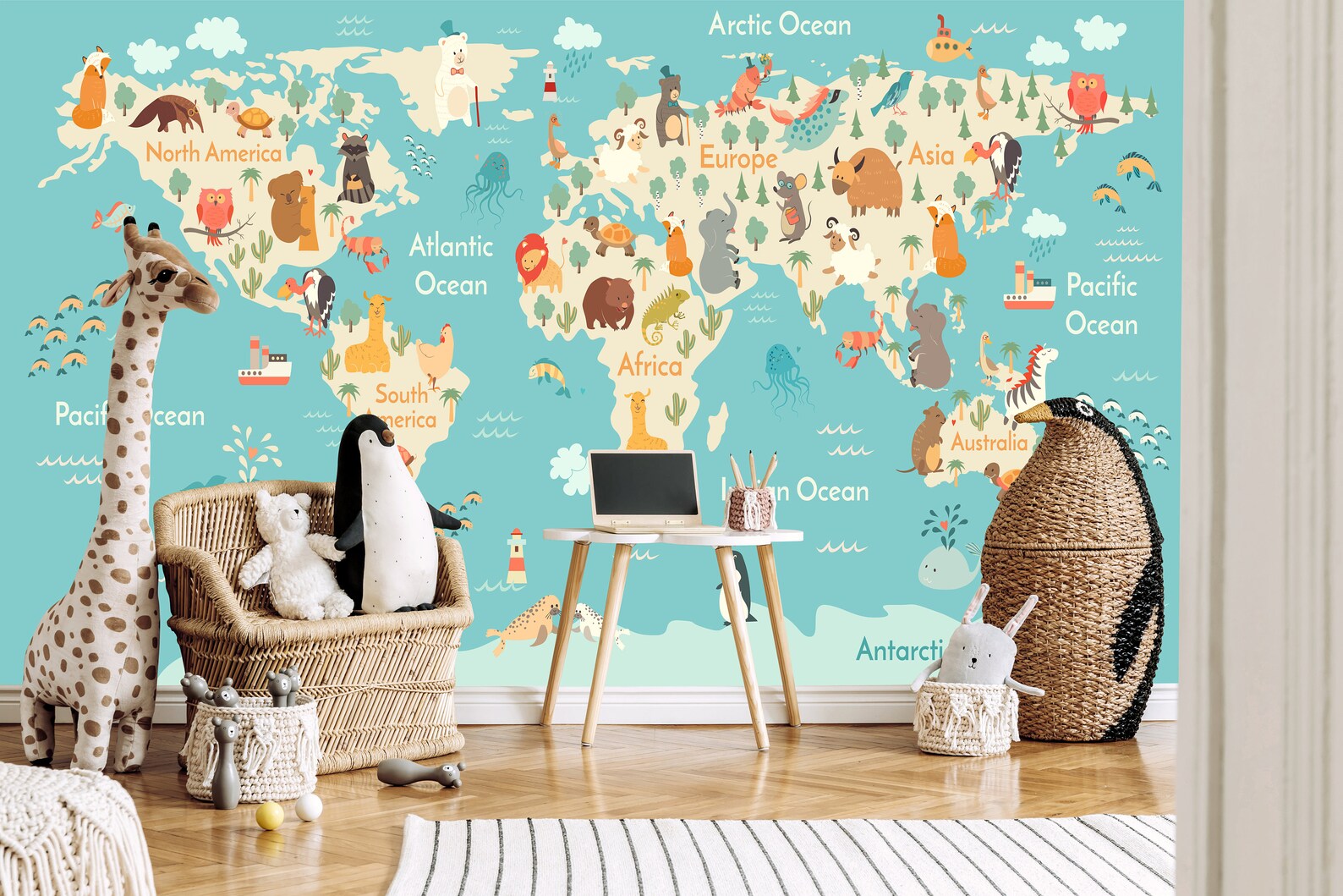 Kids World Map Wallpaper Educational World Map Nursery Kids - Etsy