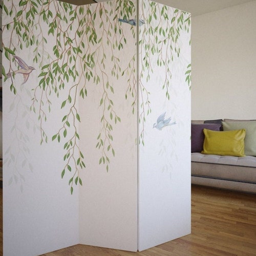 Green Leaves Birds Room Divider Folding Screen Room Divider - Etsy