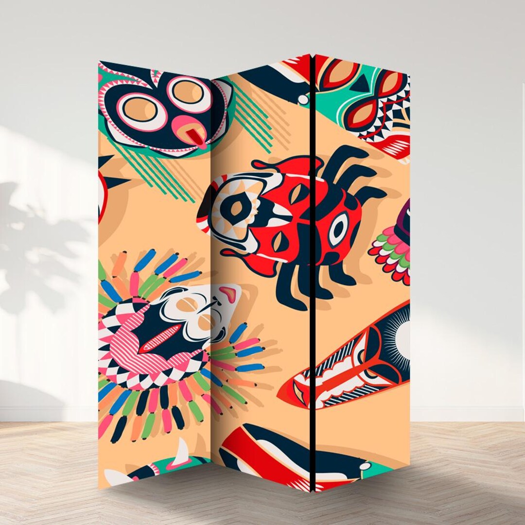 Japanese Masks Room Divider, Folding Screen, Room Divider - 3 and 5 ...