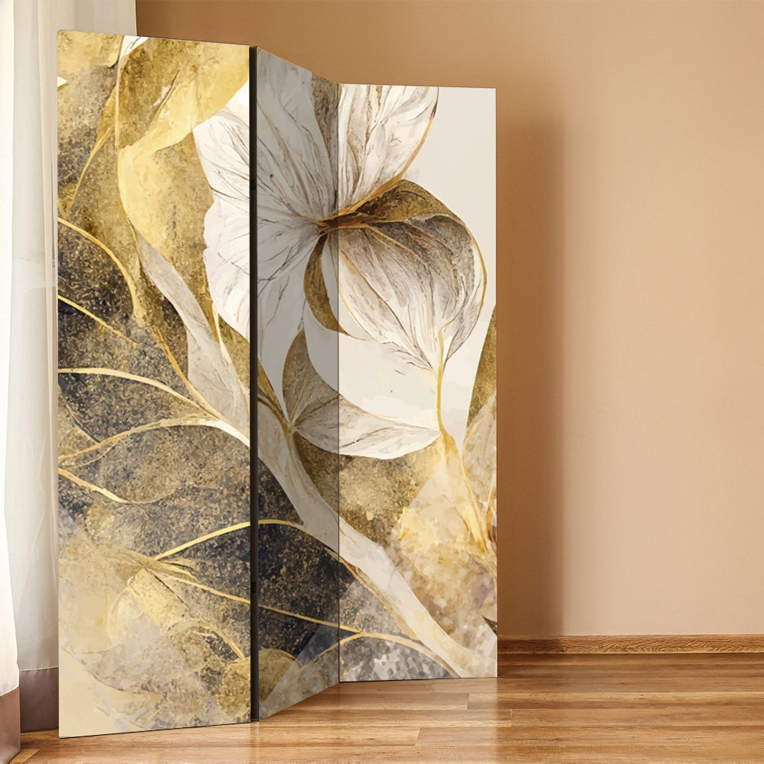 Gold Flowers, Abstract Room Divider, Minimalistic Style, Folding Screen ...
