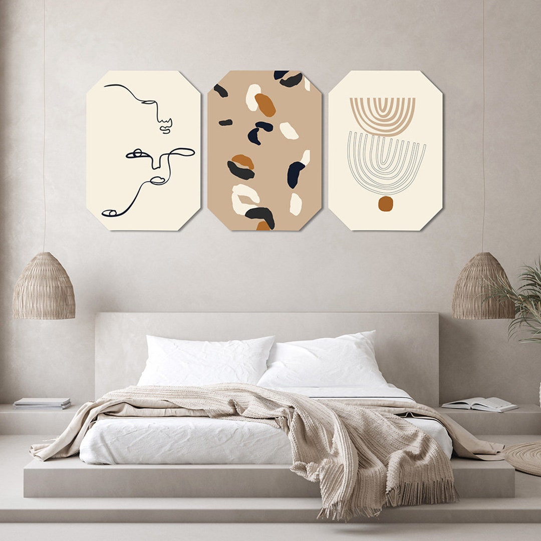 Octagon Canvas Wall Art - Set of 3 Canvas Print - Minimalist Beige ...
