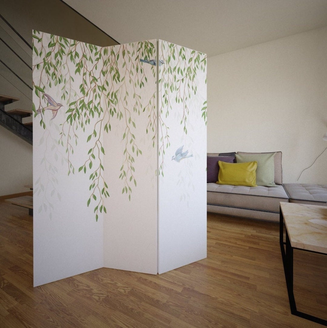 Green Leaves Birds Room Divider, Folding Screen, Room Divider - 3 and 5 ...