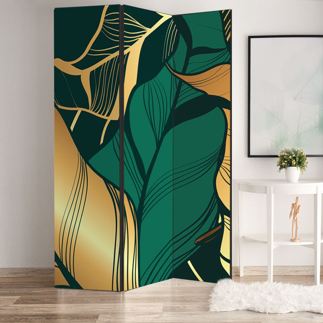 Green Gold Leaves Room Divider, Folding Screen, Room Divider 3 and 5 ...