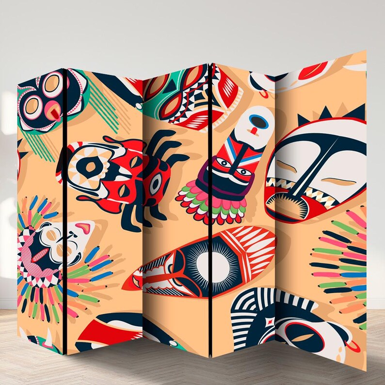Japanese Masks Room Divider, Folding Screen, Room Divider - 3 and 5 ...