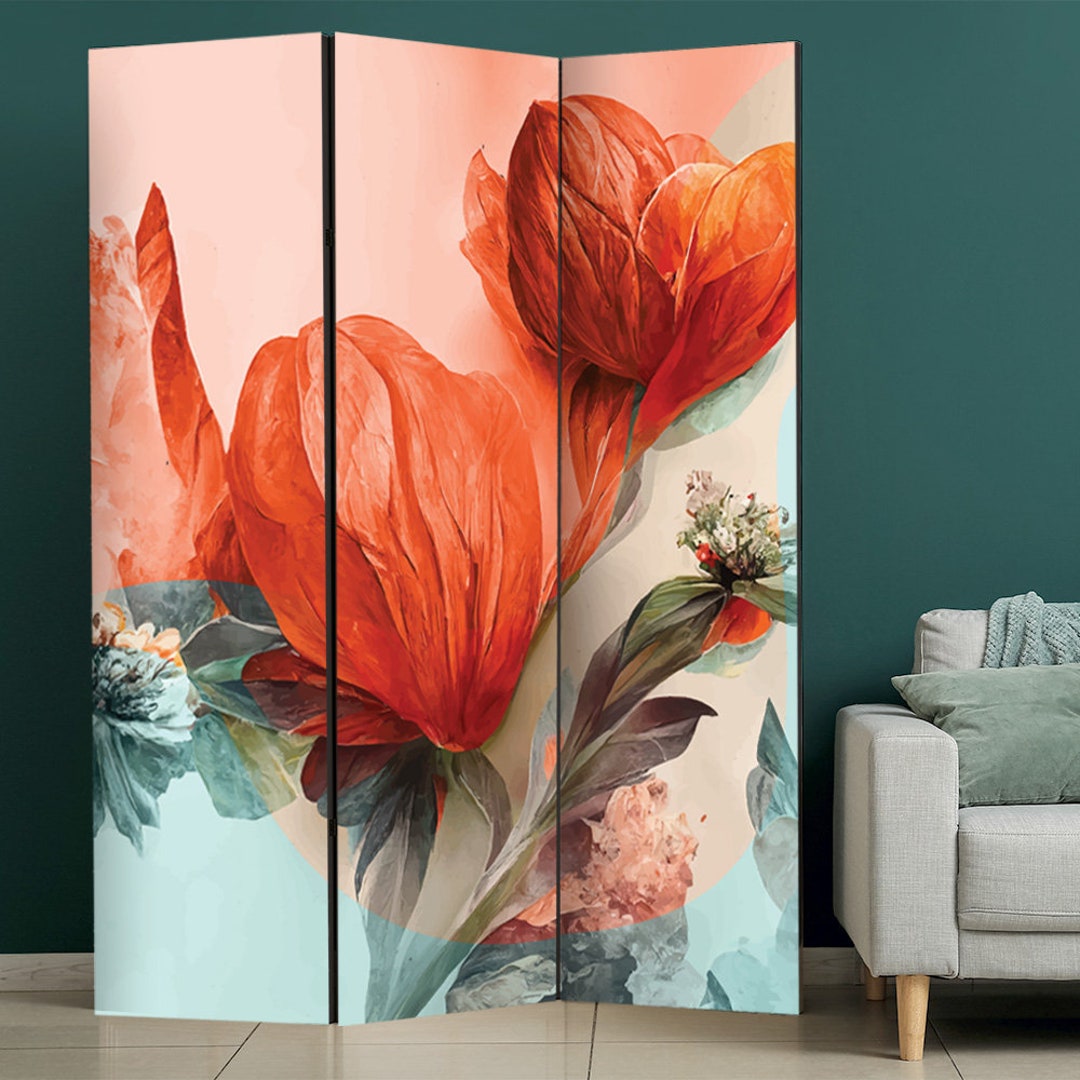 Red Mac Flowers, Abstract Room Divider, Minimalistic Style, Folding ...