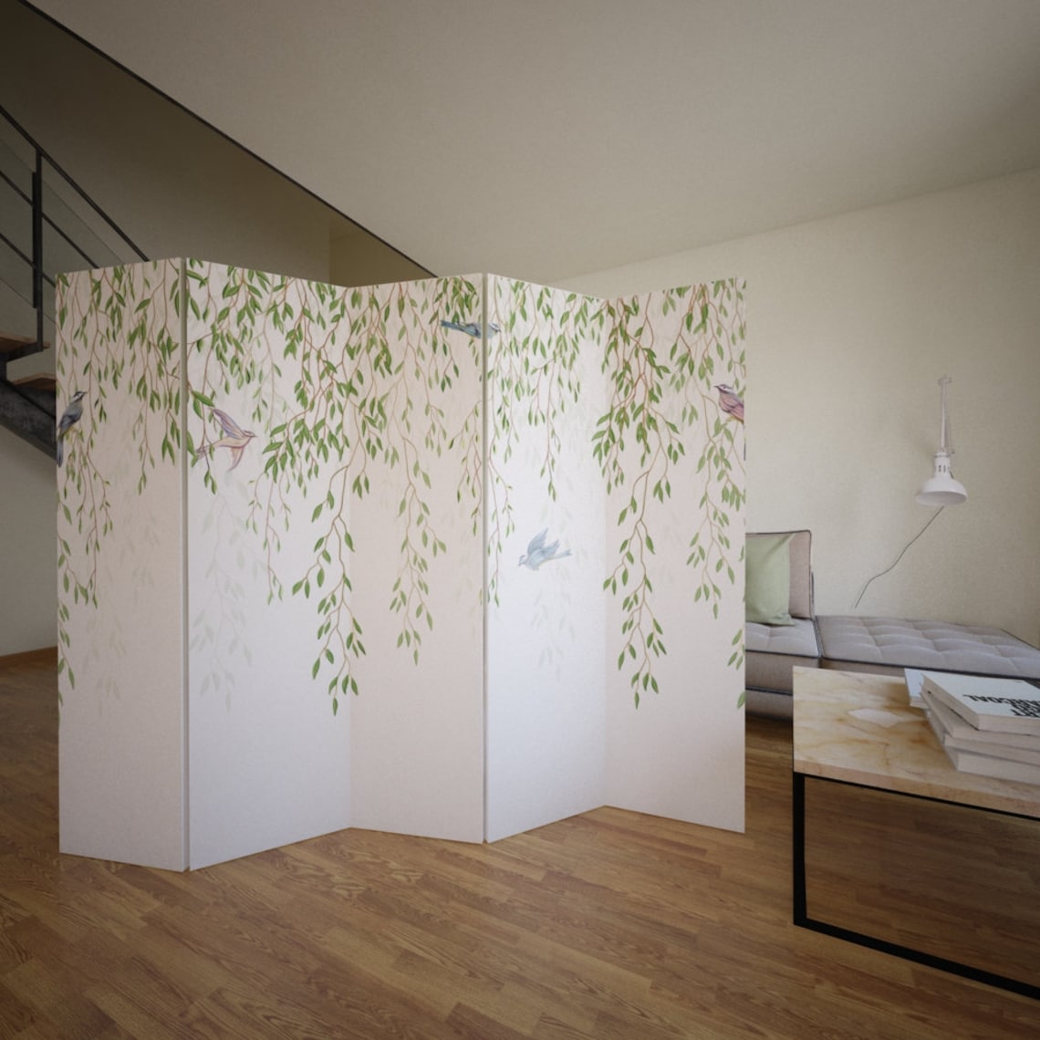 Green Leaves Birds Room Divider, Folding Screen, Room Divider - 3 and 5 ...