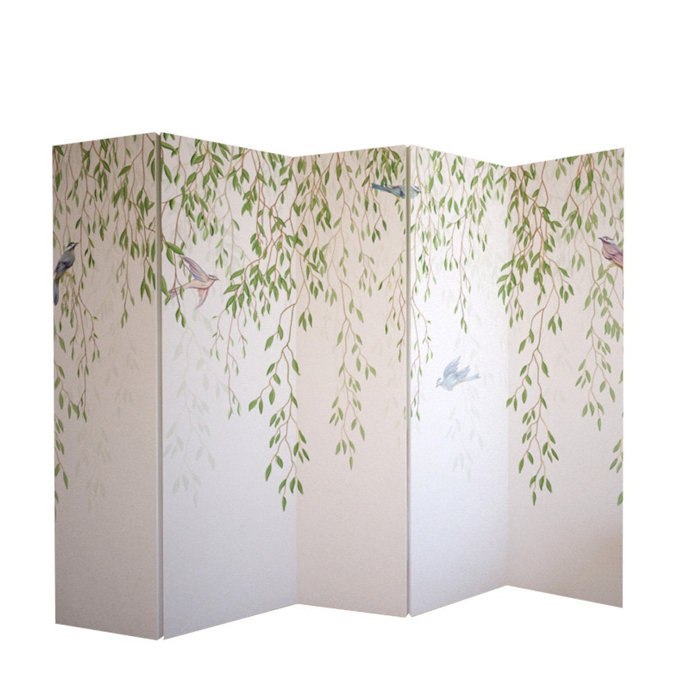Green Leaves Birds Room Divider, Folding Screen, Room Divider - 3 and 5 ...