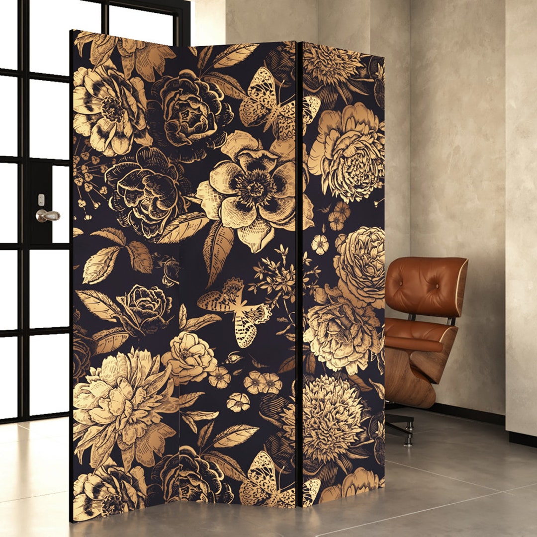 Gold Flower Room Divider, Folding Screen, Room Divider - 3 and 5 Panels ...