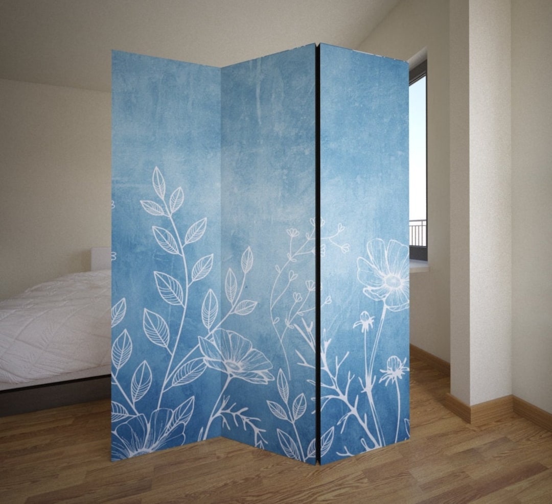 Blue Flower Room Divider, Folding Screen, Room Divider - 3 and 5 Panels ...