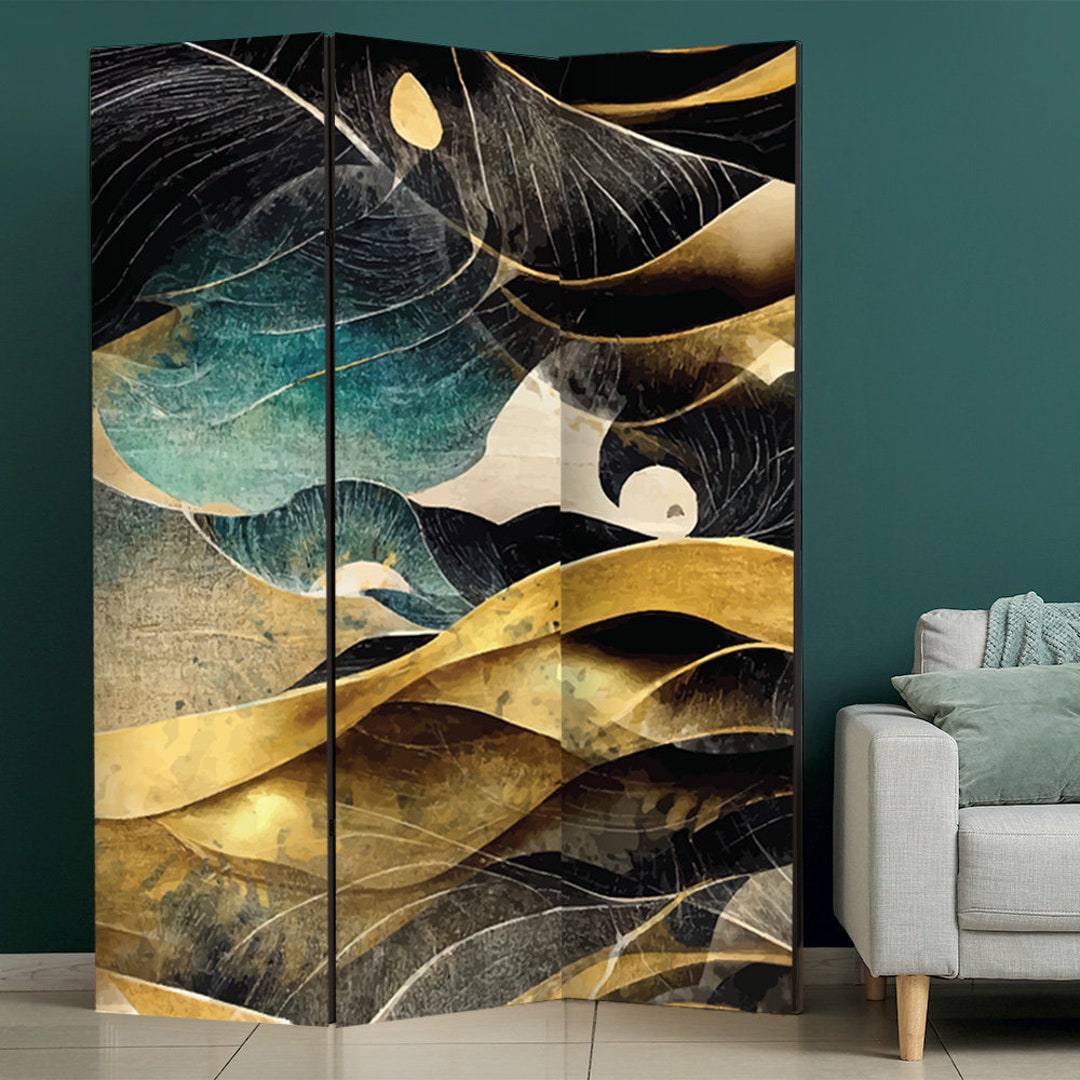 Gold Waves, Abstract Room Divider, Minimalistic Style, Folding Screen ...
