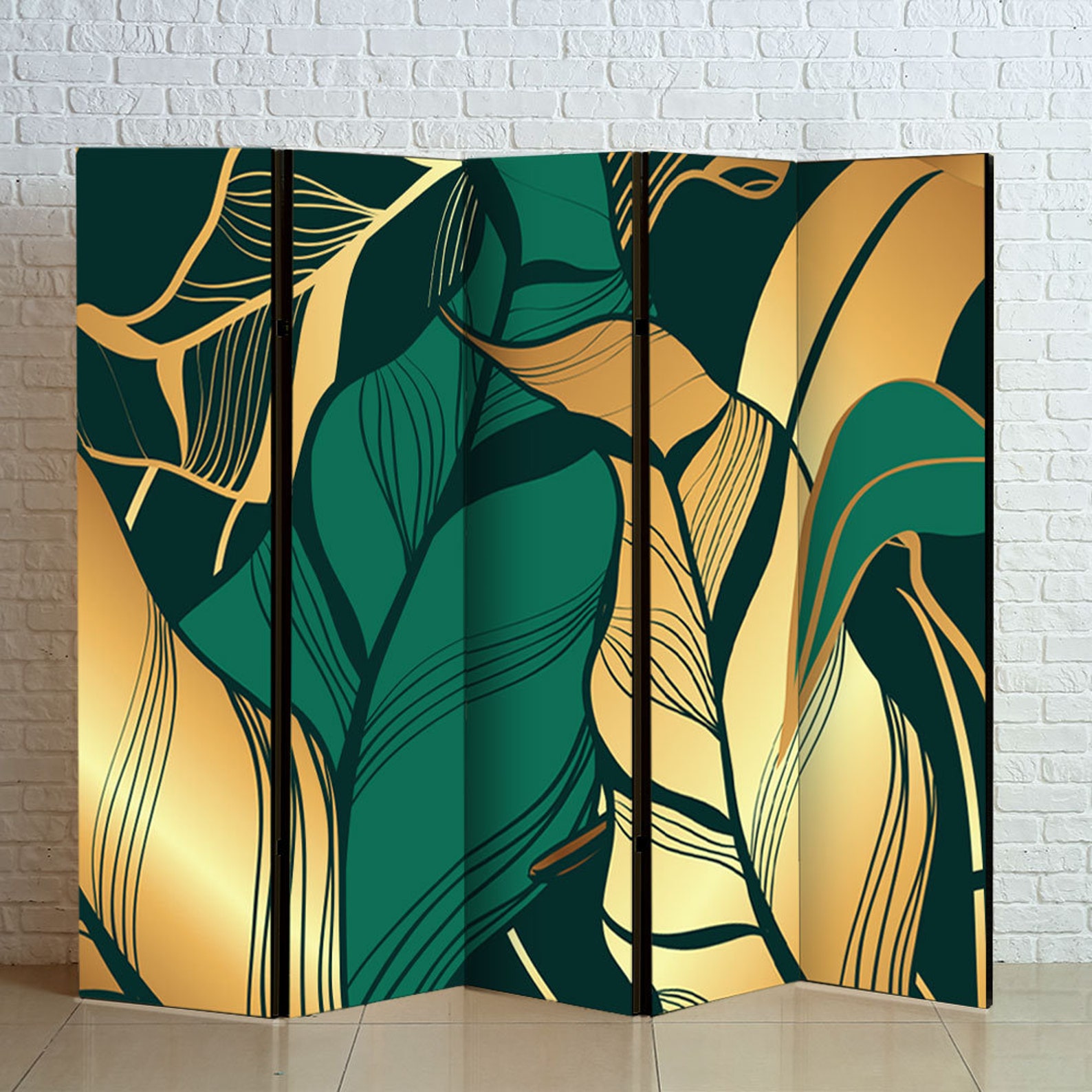 Green Gold Leaves Room Divider, Folding Screen, Room Divider - 3 and 5 ...