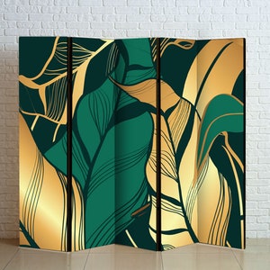 Green Gold Leaves Room Divider, Folding Screen, Room Divider - 3 and 5 ...