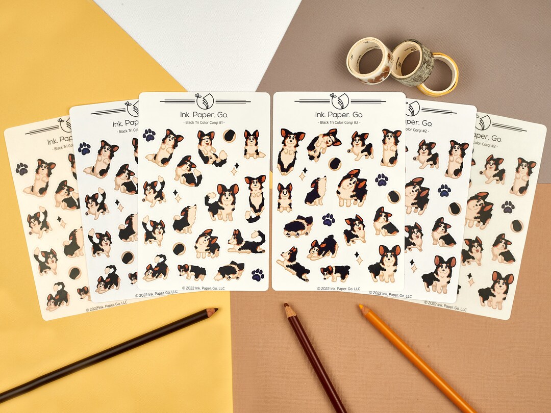 Black Tri Color Corgis Kiss Cut Sticker Sheet Set | Tricolored Corgi ...
