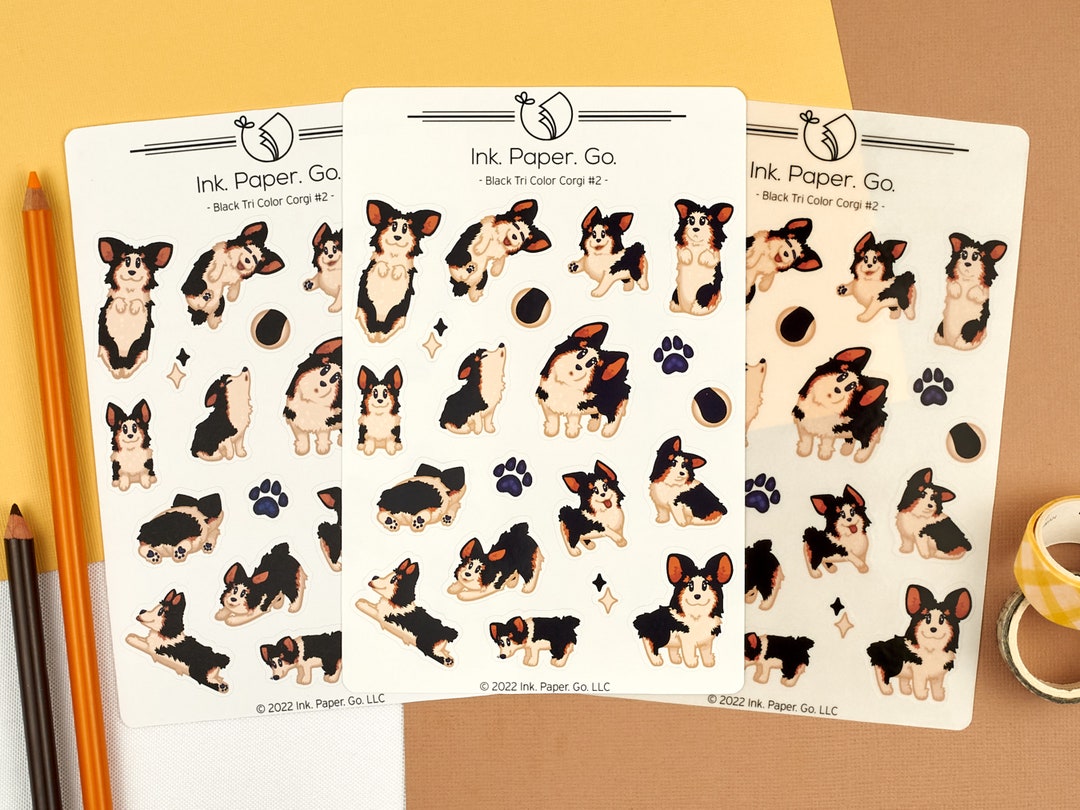 Black Tri Color Corgi #2 Kiss Cut Sticker Sheet | Cute Bobtail Tricolor ...