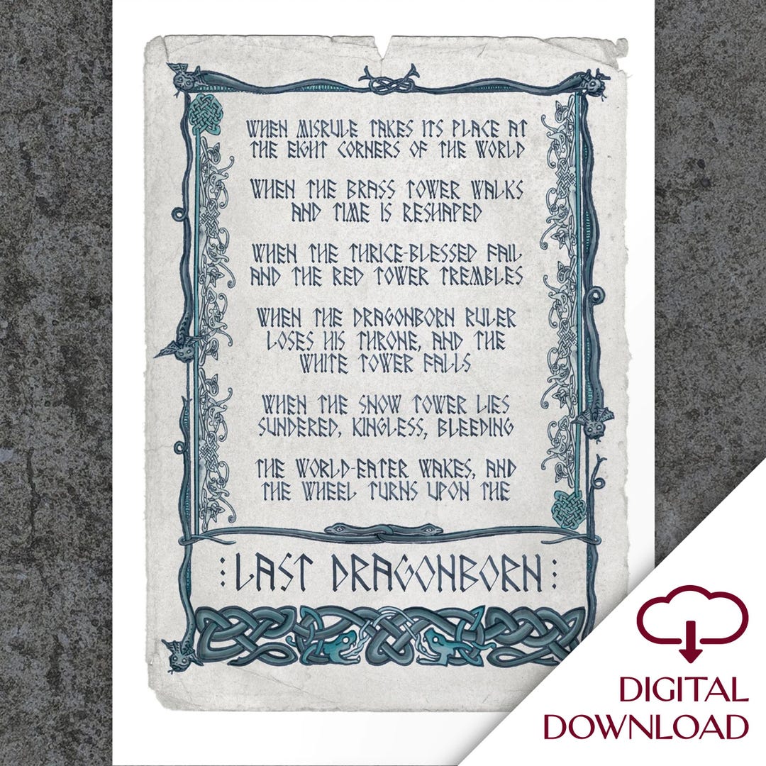 Skyrim Elder Scrolls Dragonborn Prophecy Quote Calligraphy Wall Art ...