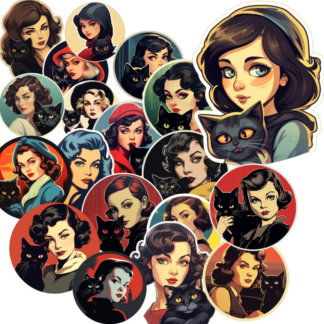 Iconic Stickers of Captivating Cartoon Girl and Her Mysterious Black ...