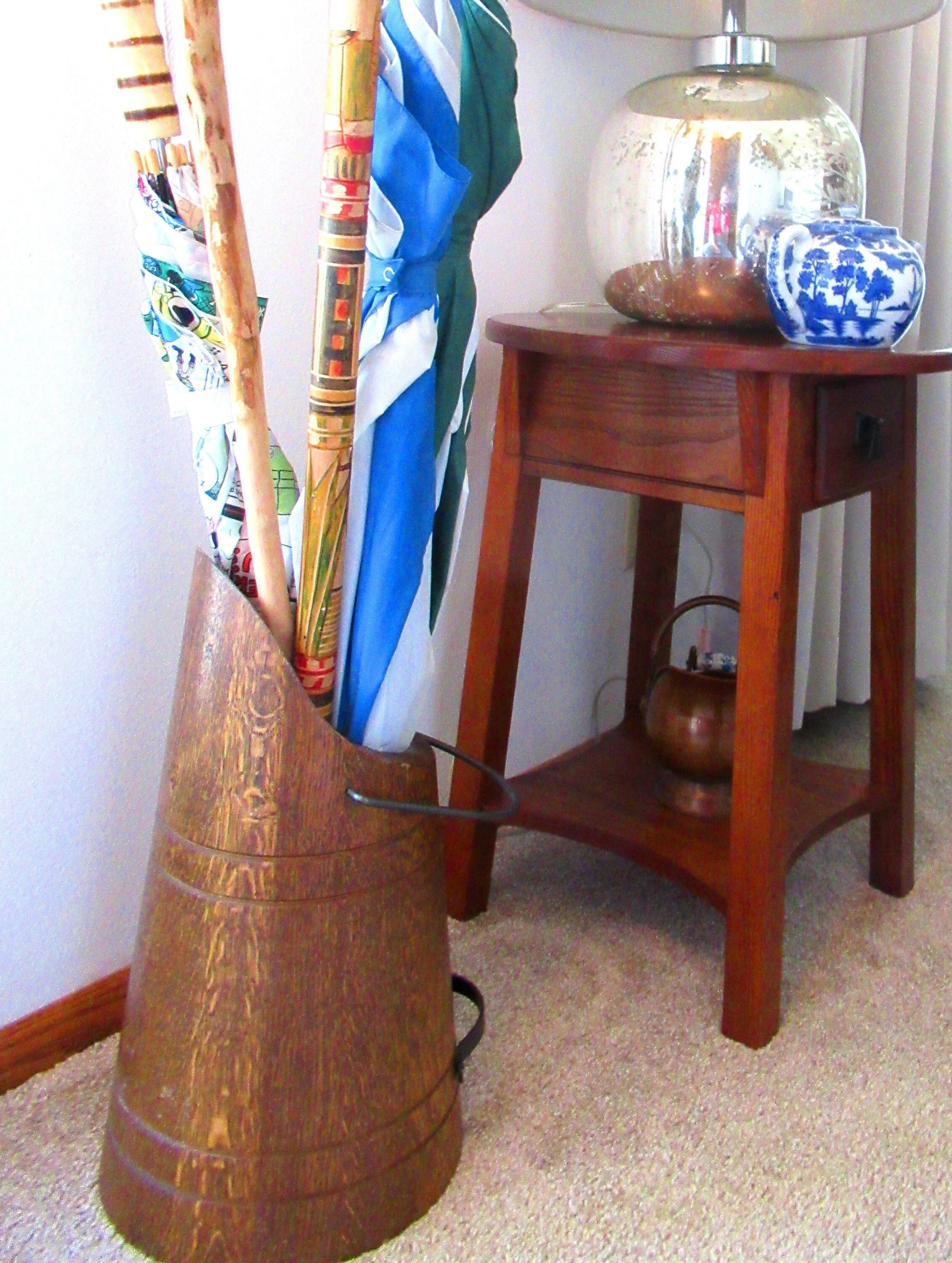 Oak Wood Scuttle Umbrella Stand Floor Vase Cabin Country Farm House ...