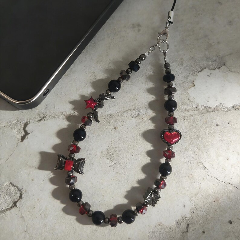 Gothic Phone Strap Red Black Crystal Beaded Wrist Lanyard Zirconia Bow ...