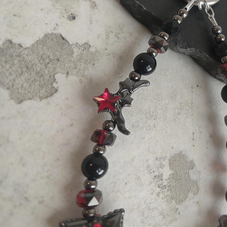 Gothic Phone Strap Red Black Crystal Beaded Wrist Lanyard Zirconia Bow ...